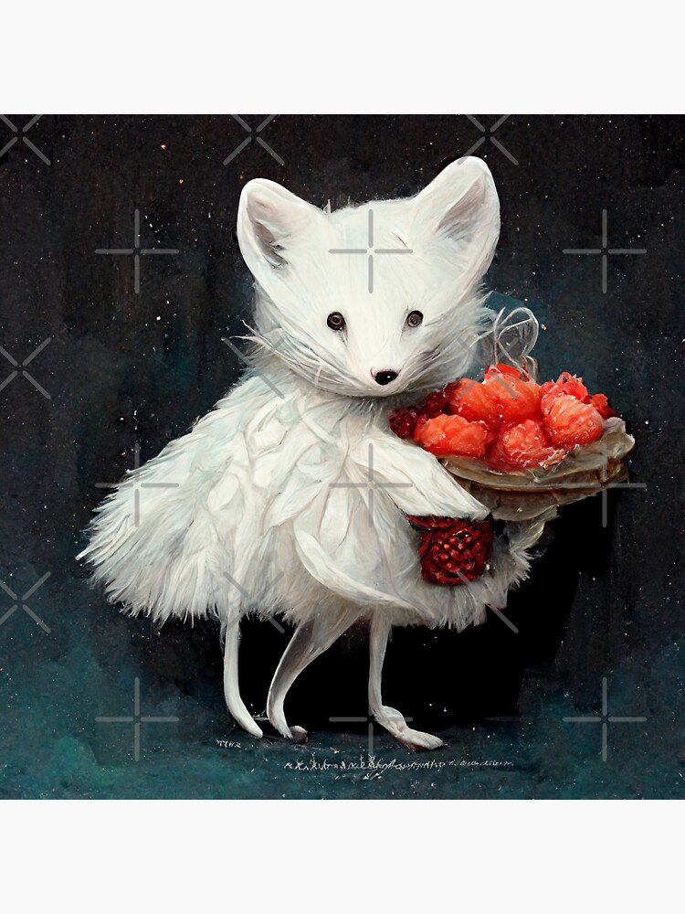 "Arctic fox with strawberries in hand - fantasy digital art" Sticker ...