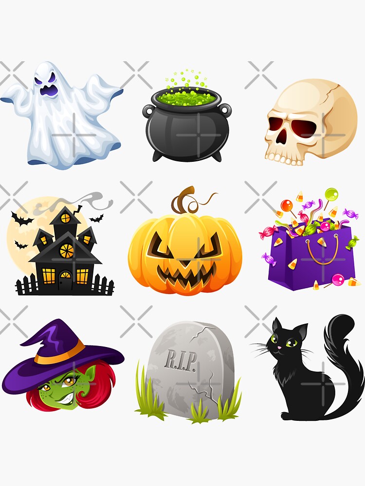 "Halloween Stickers Ghost Cauldron Skull Haunted House Which Cat Candy ...