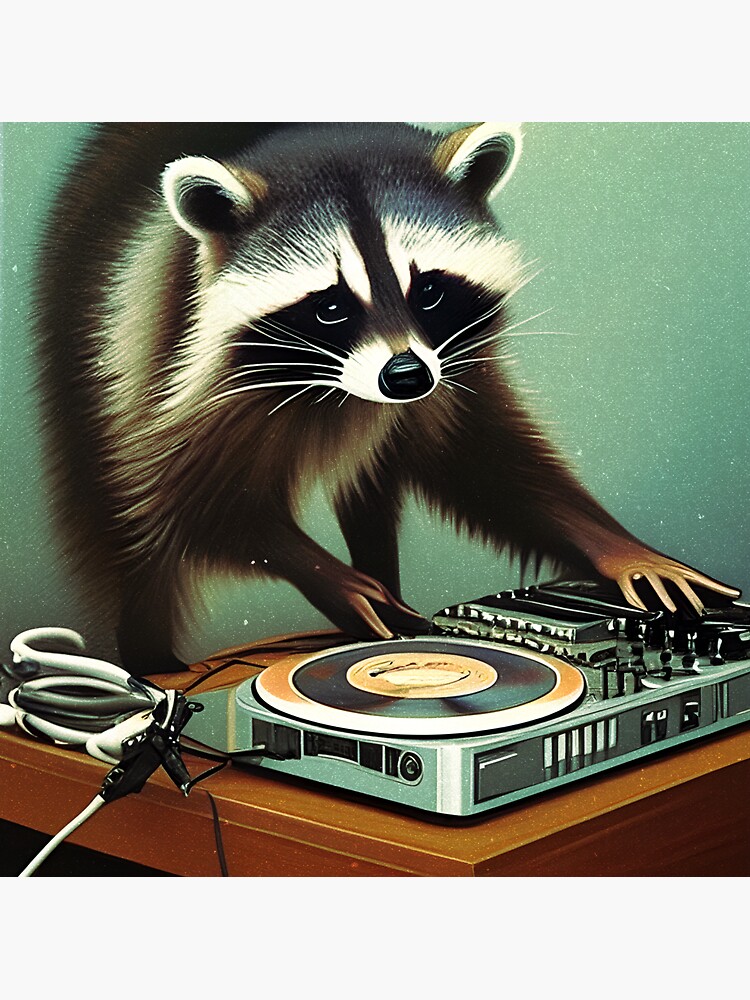 "Raccoon DJ Retro Vintage Style From AI Generated Artwork" Sticker for ...