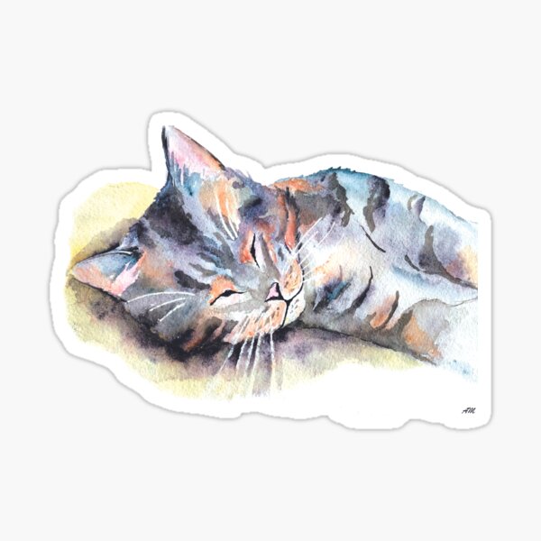 "Watercolor painting of a sleeping cat" Sticker for Sale by Animanu ...