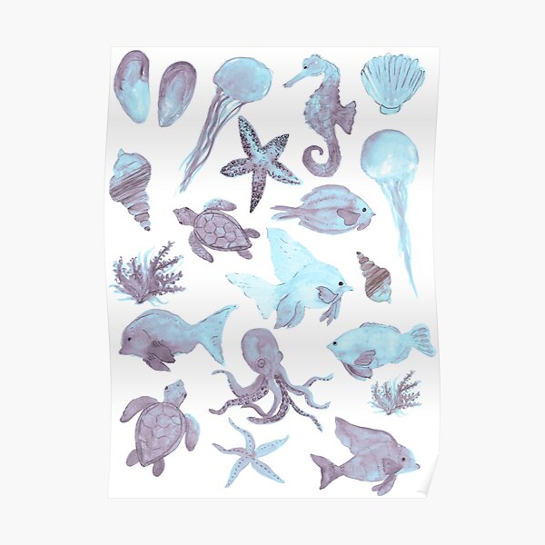 "Watercolour Sea Creatures in Cool Tones" Poster for Sale by tunwin6 ...