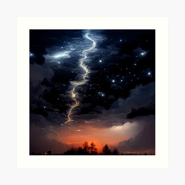 "Lightning with starry night and sunset" Art Print for Sale by MoseArt ...
