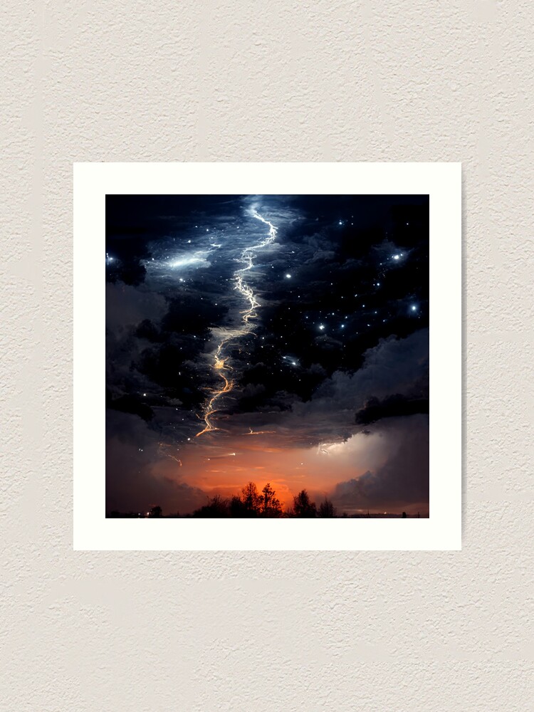 "Lightning with starry night and sunset" Art Print for Sale by MoseArt ...