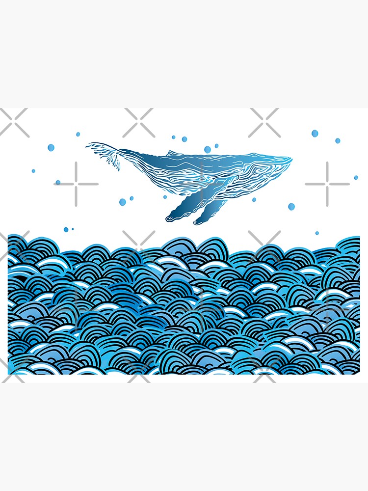 "Flying blue whale with bubbles over small calm sea waves" Sticker for ...