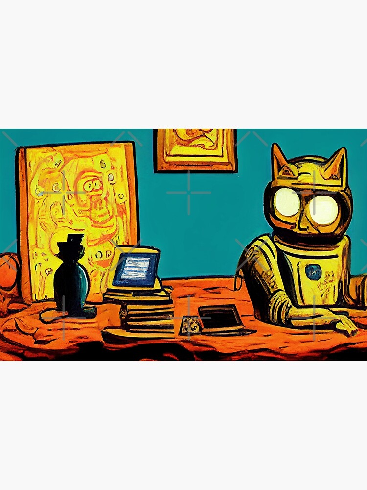 "Robot Cat Cartoon style with mini cat looking at painting " Art Print ...