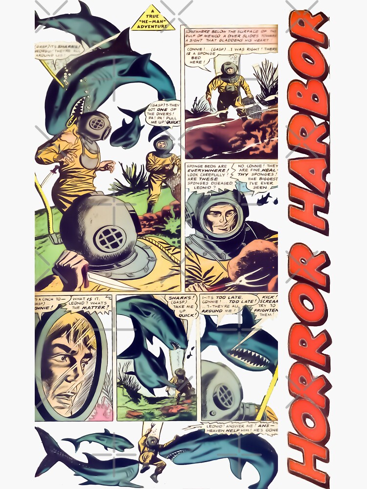 "Horror Harbor Sharks Underwater Ocean Retro Comic Vintage Cartoon ...