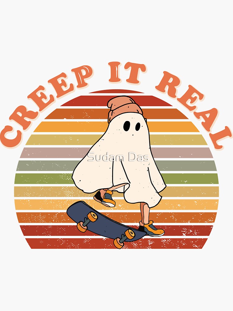 "Retro Creep it Real Ghost Skateboard Cute Halloween Boy Girl" Sticker ...