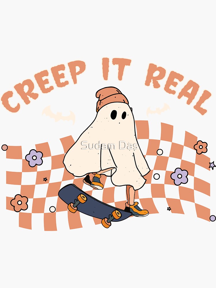 "Retro Creep it Real Ghost Skateboard Cute Halloween Boy Girl" Sticker ...