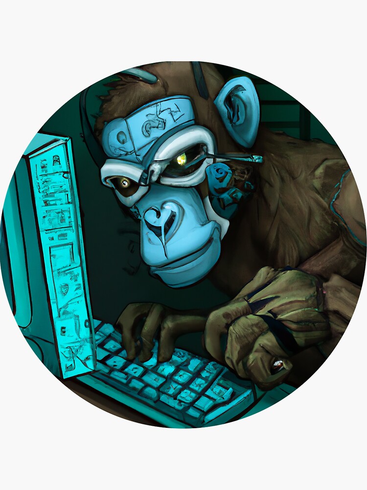 "Cyborg Ape Hacking Computer" Sticker for Sale by AbsoluteA | Redbubble