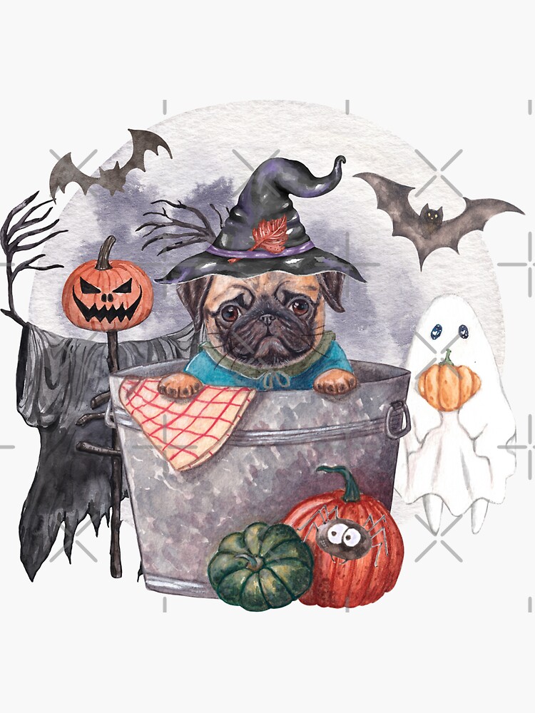 "Pug Halloween: Pug With Scarecrow And Ghost " Sticker for Sale by ...