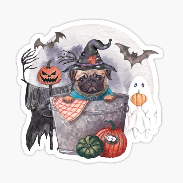 "Pug Halloween: Pug With Scarecrow And Ghost " Sticker for Sale by ...
