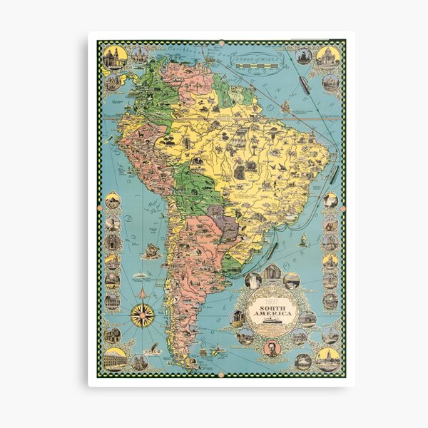Lámina metálica «Diseño de mapa vintage 1930 América del sur - Navidad ...