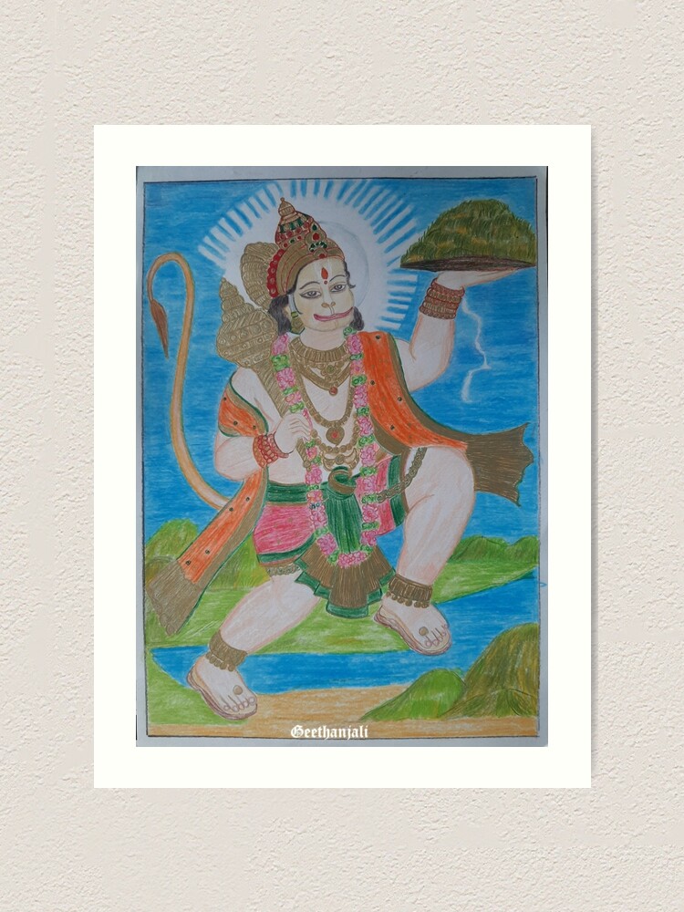 "Painting of hanuman,done in A4 size paper using colourpencil and gel ...