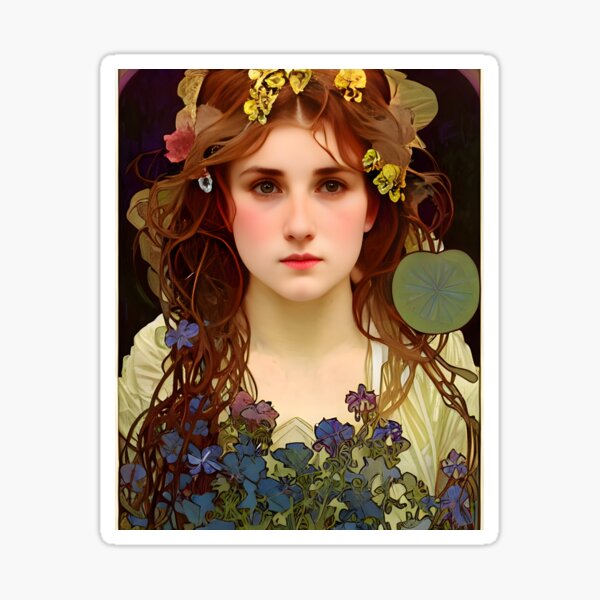 "Illustration of beautiful forest nymph surrounded by flowers" Sticker ...