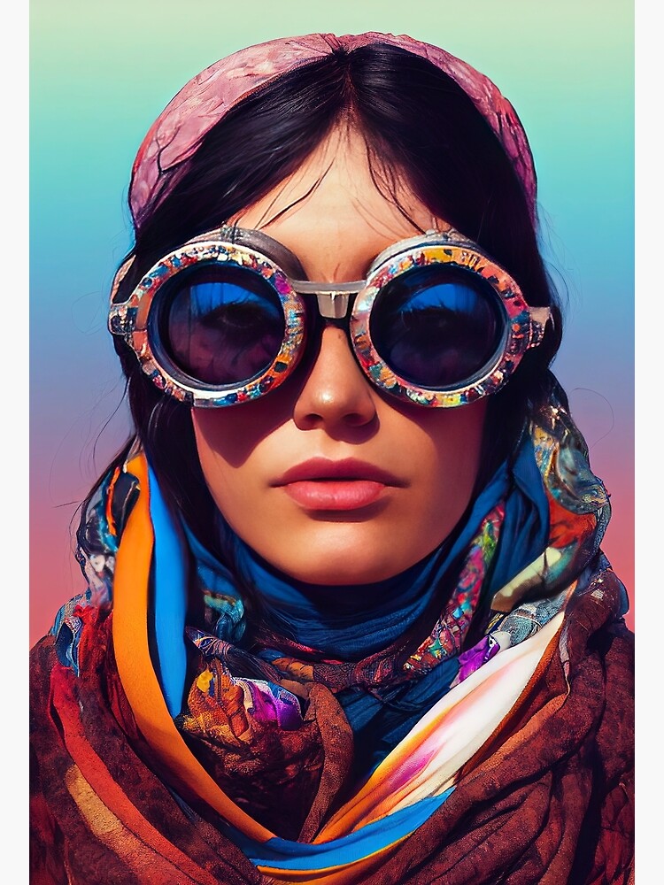 "Woman in a Desert Wearing Goggles and a Colorful Scarf" Poster for ...