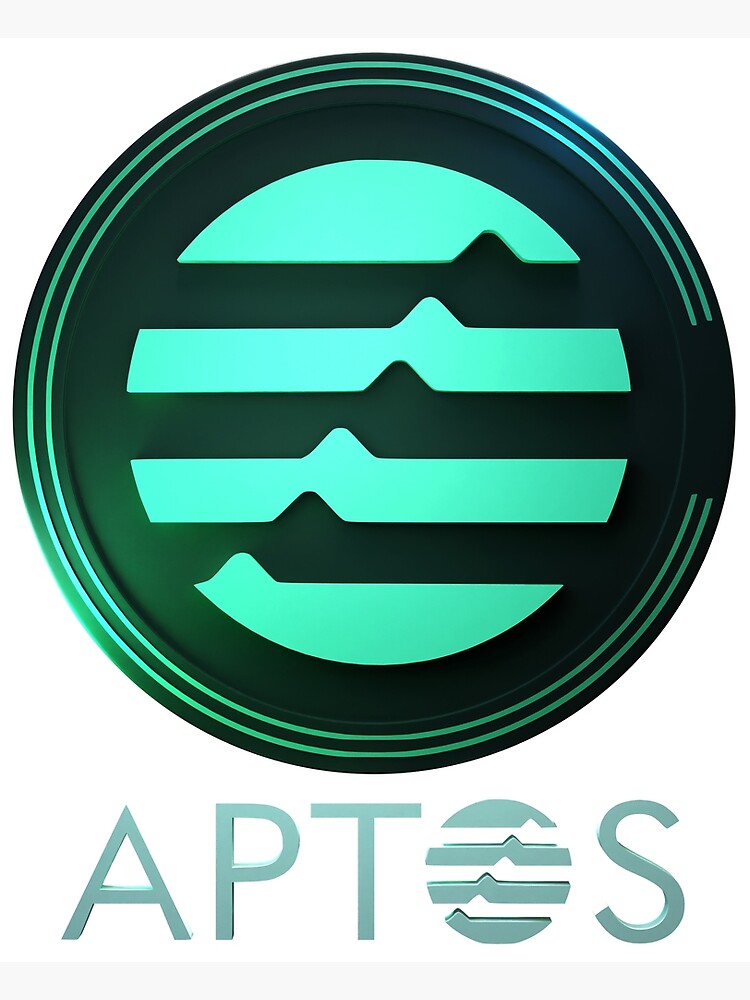 "Aptos APT logo, coin and font. Frontal view with dark colors in background and shiny details ...