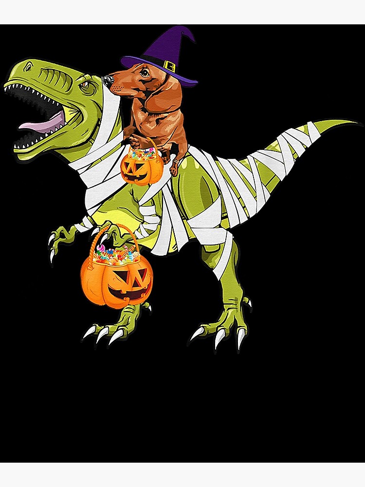 "Dachshund Witch Ride Dinosaur Halloween" Poster for Sale by ...