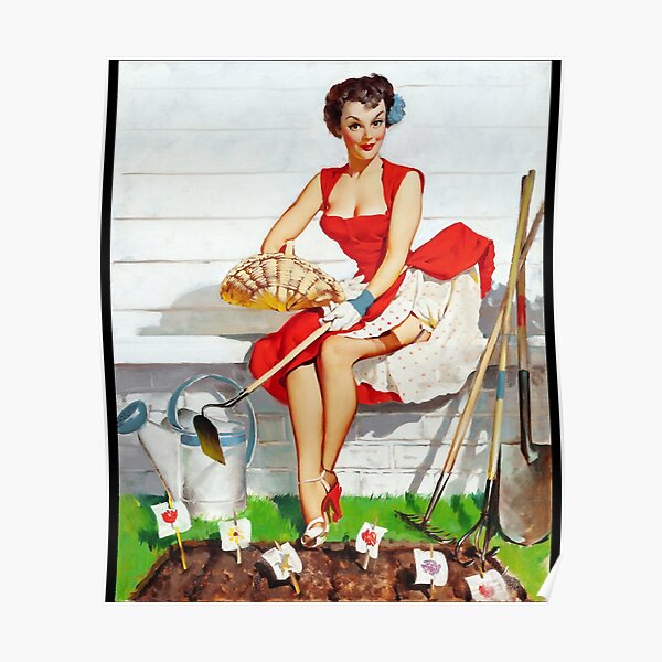 "1950s Vintage Pin-up Girl Garden Gardening Plants Illustration Art ...