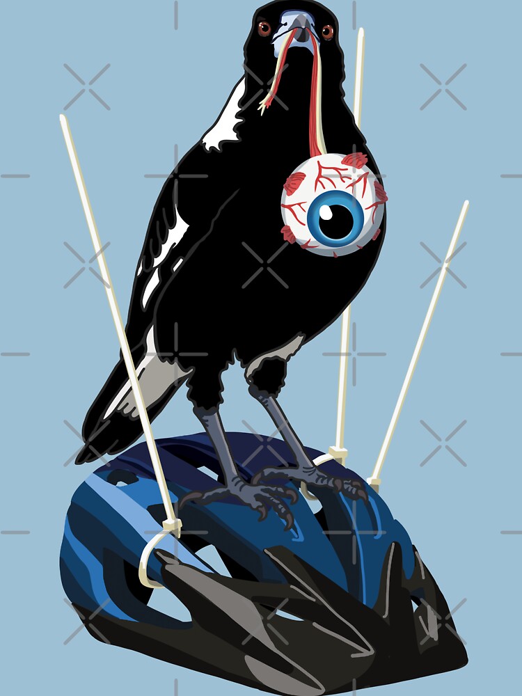 "Sinister Magpie with Eyeball Sitting on Push Bike Helmet with Zip Ties ...