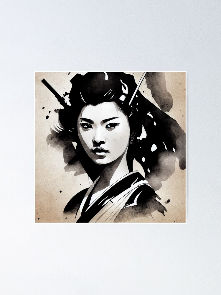 "Japanese Geisha Ink Drawing Digital Art Photo Print 3" Poster for Sale ...