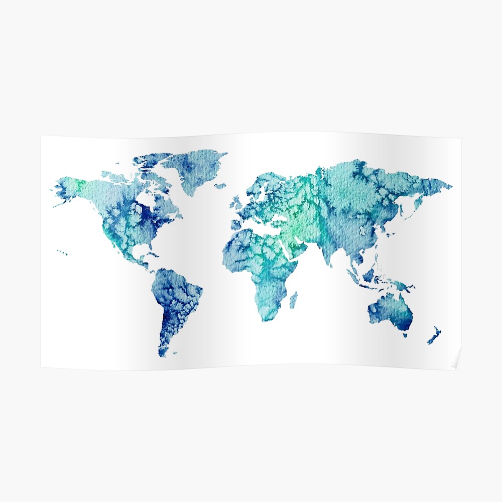 "Weltkarte Aufkleber blau und grün Aquarell Design" Poster von ...