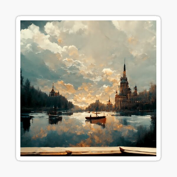 "A beautiful painting of the sunset over the river and the nature ...