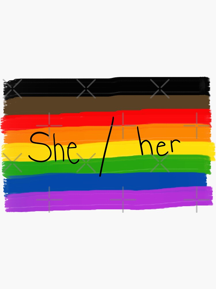 "LGBTQ+ Flag She/her Pronouns" Sticker for Sale by spadesir | Redbubble