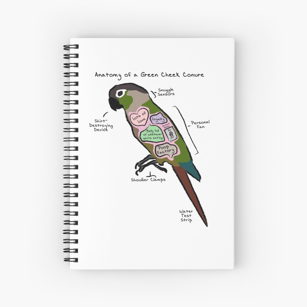 "Anatomy of a Green Cheek Conure" Spiral Notebook for Sale by ...