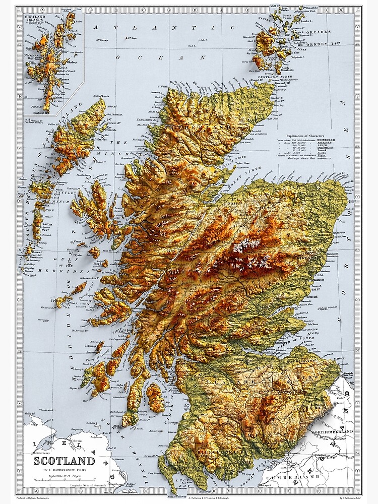 "1871 Vintage Scotland Relief Map Print With 3D Illusion ...