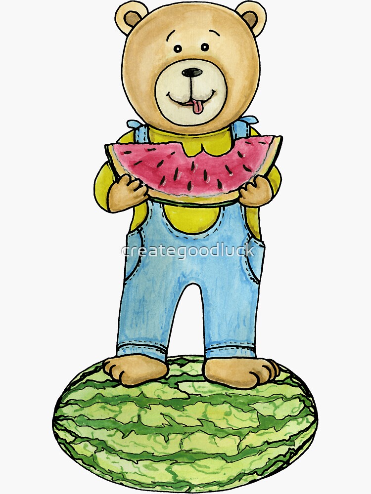 "Teddy Bear Eating Watermelon" Sticker for Sale by creategoodluck ...