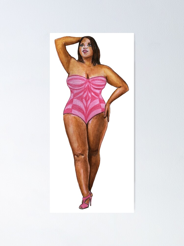 Póster «Modelo con curvas en un traje de baño rosa Moda de figura completa Ilustración de moda ...
