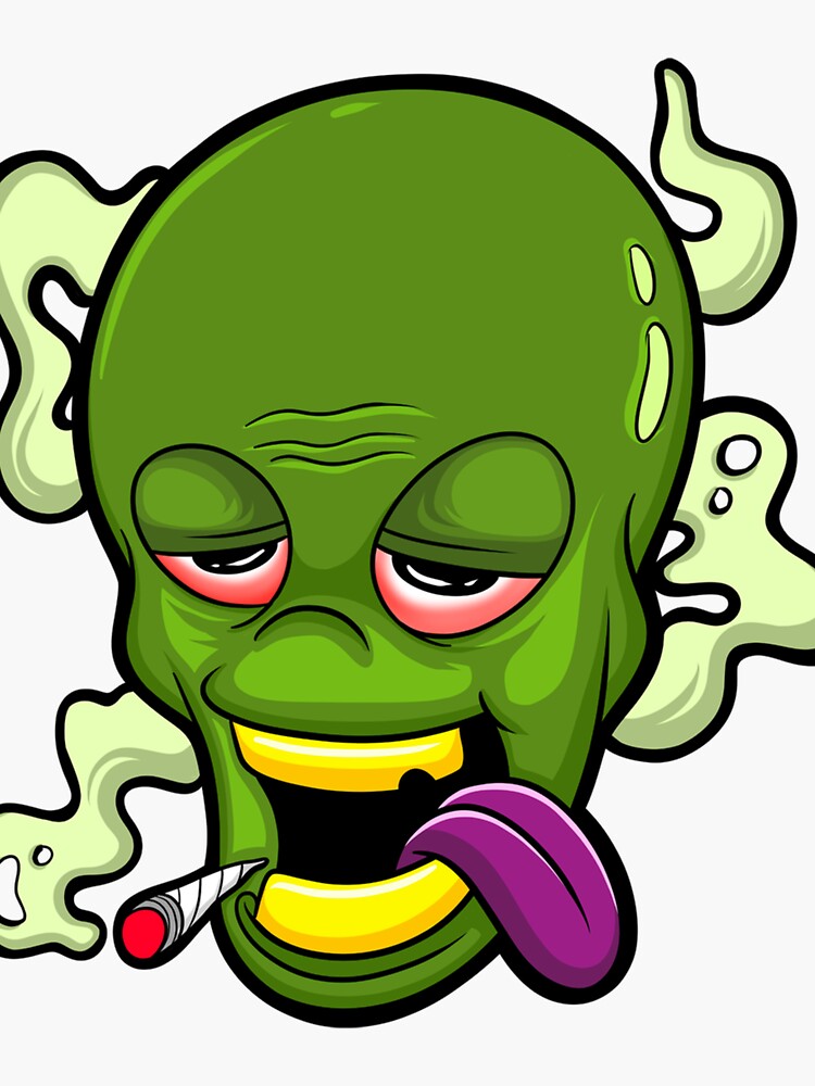 "Distant Beings And Weed Cartoon Alien smoking weed design" Sticker for ...