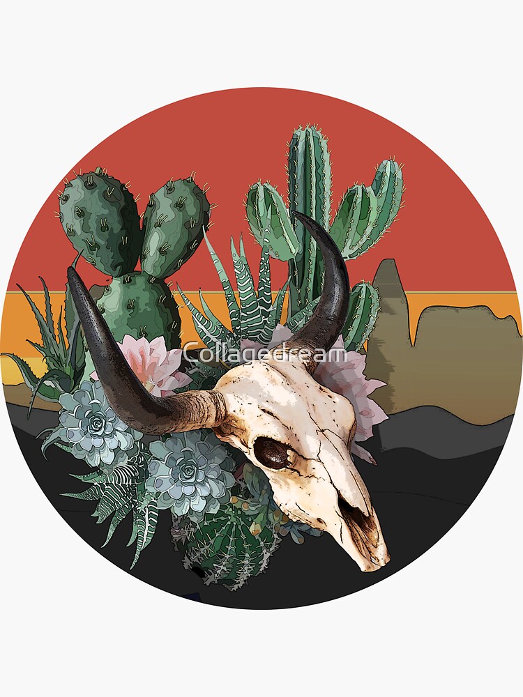 "Cow Skull and succulents plant, sunset desert catus and flowers ...