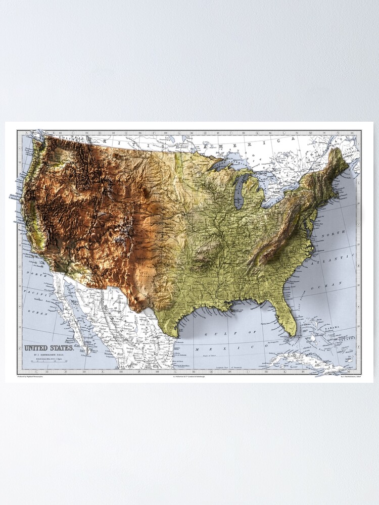 Poster for Sale mit "1871 Vintage United States Relief Map Print mit 3D ...