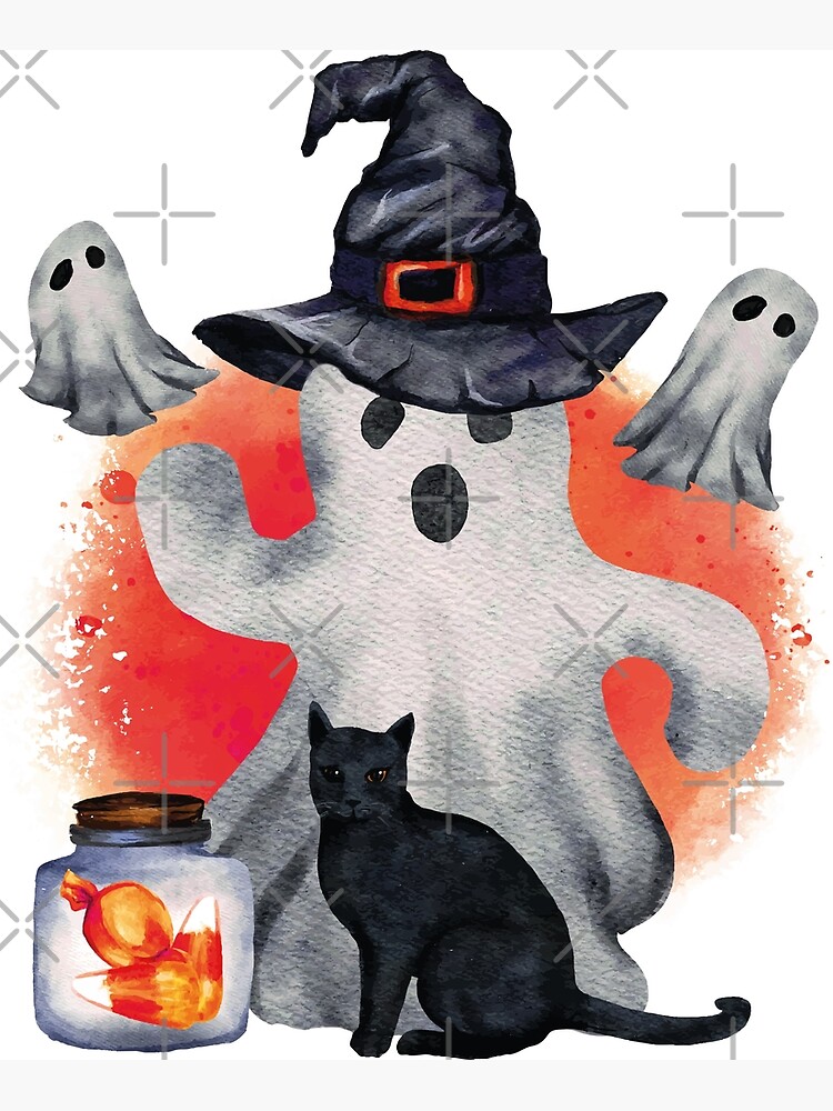 "Scary Halloween Black Cat Witch Hat and Ghost Boo" Poster for Sale by ...