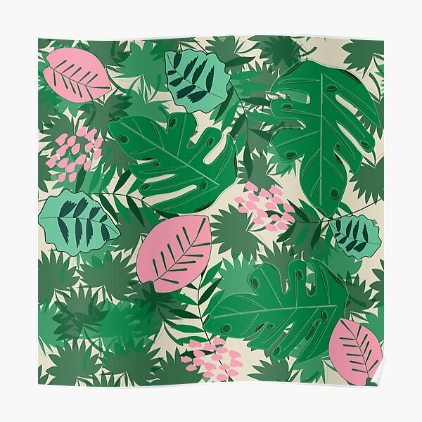 "Green and Pink Tropical Leaves and Fern" Poster for Sale by ...