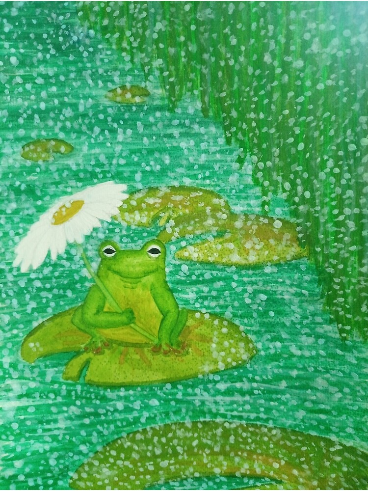 "Mr. Frog in the rain with his daisy-umbrella sitting on a lilypad ...