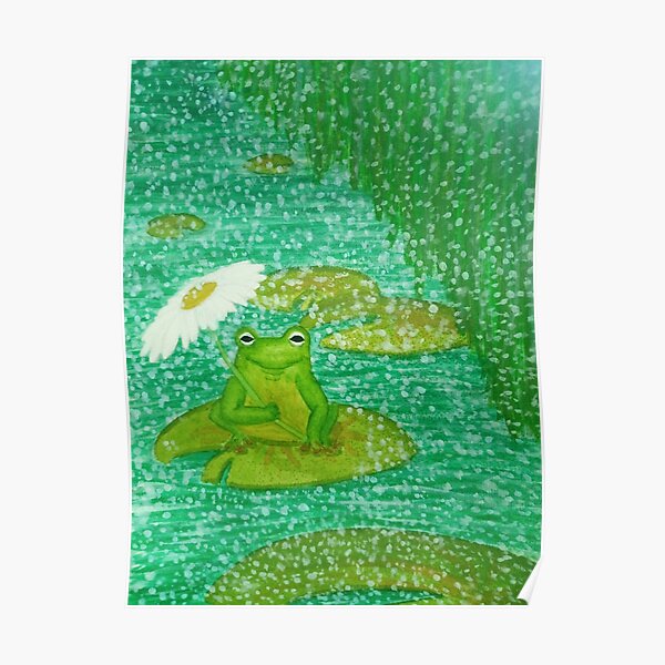 "Mr. Frog in the rain with his daisy-umbrella sitting on a lilypad ...