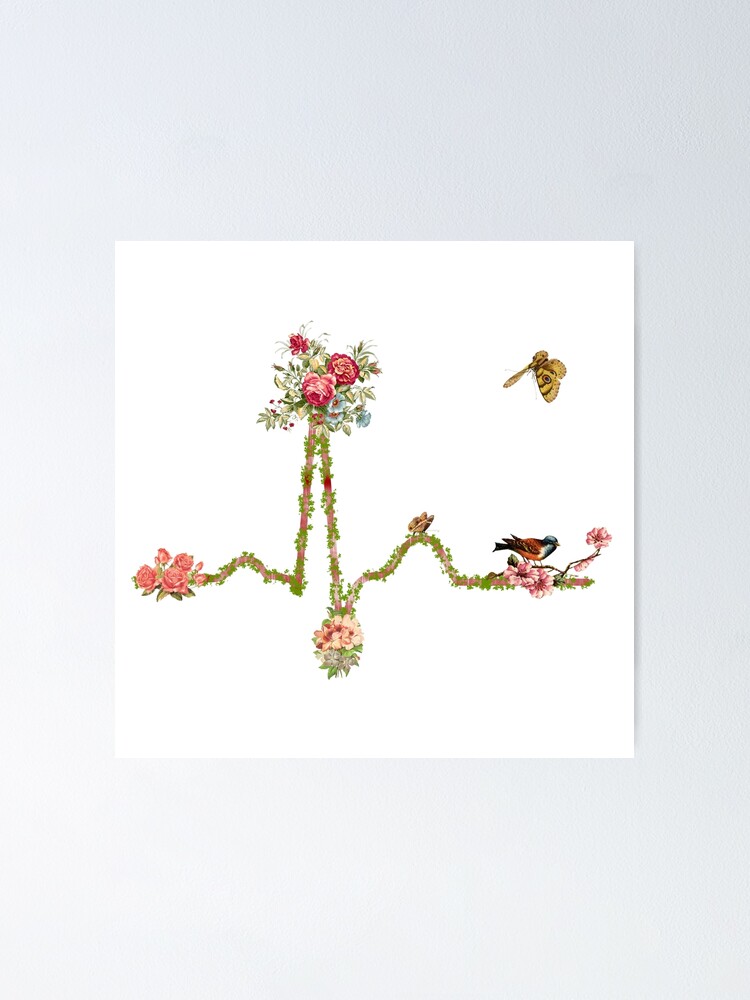 "ECG tree in nature: Wooden EKG trace with vintage flowers, butterfly ...