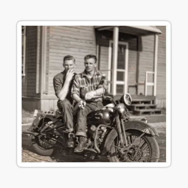 "Hans and Bryce Smoking on the Harley (reconstruction)" Sticker by ...