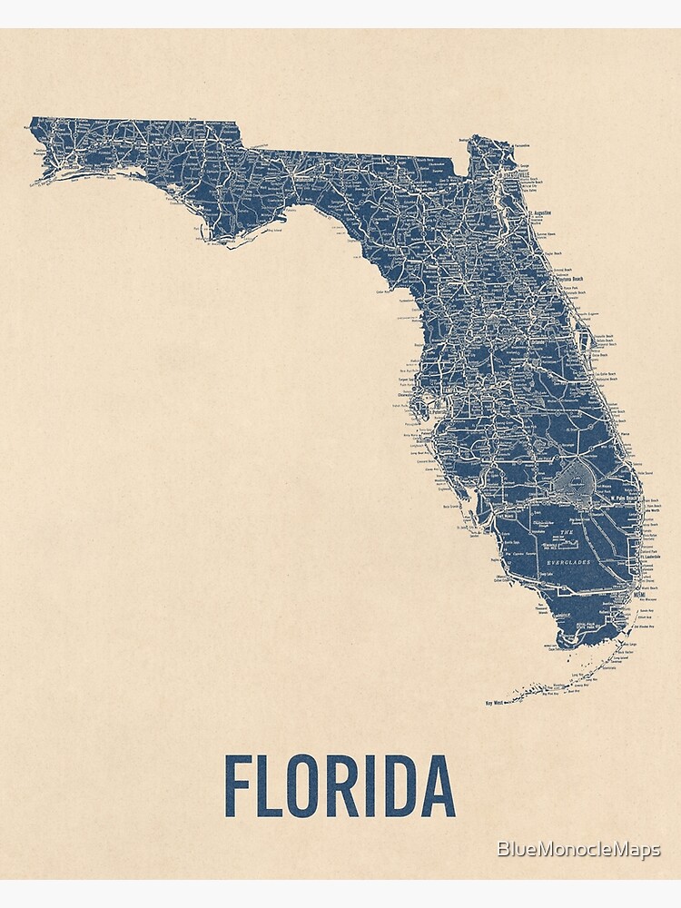 "Vintage Florida Road Map, Blue on Beige #1" Poster for Sale by ...