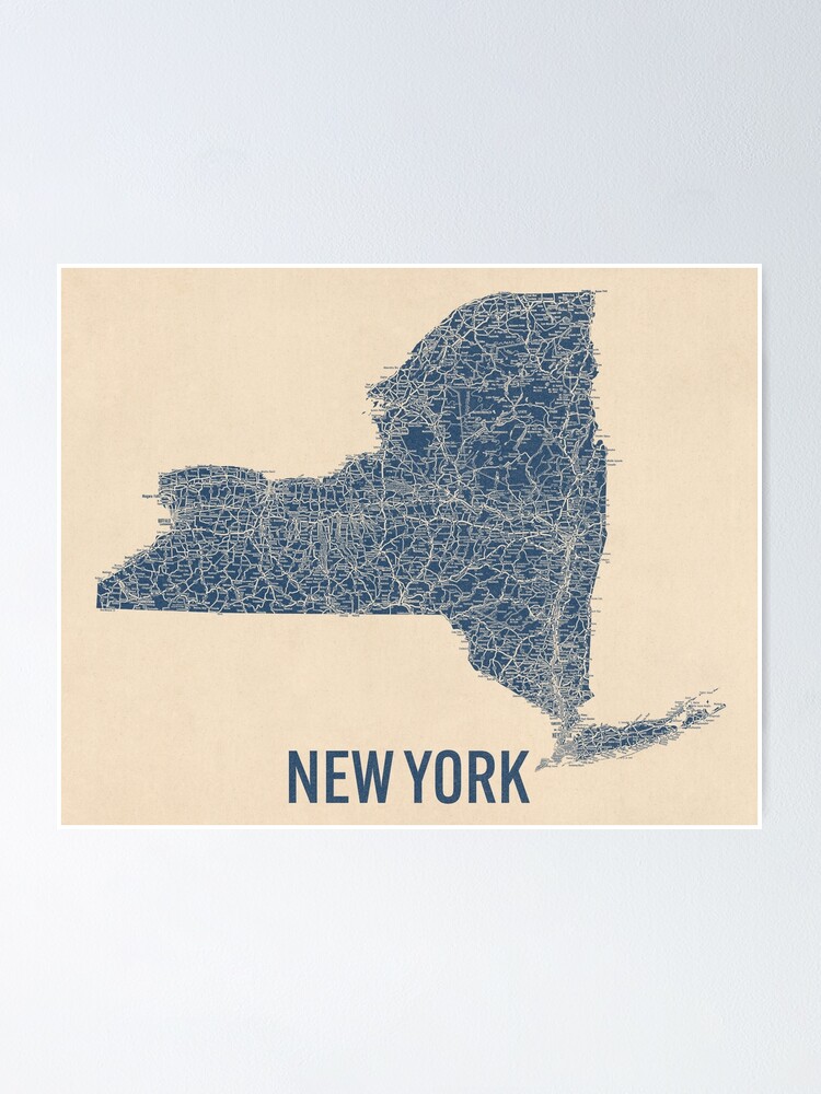 "Vintage New York State Road Map, Blue on Beige #1" Poster for Sale by ...