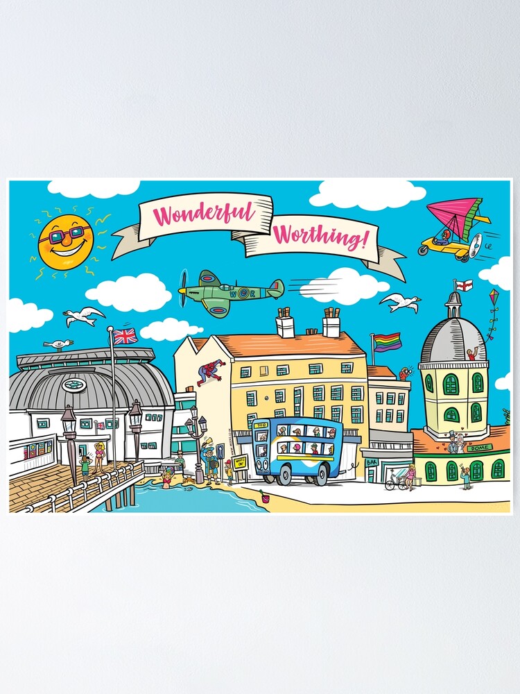 "Wonderful Worthing Town West Sussex Cartoon" Poster for Sale by ...
