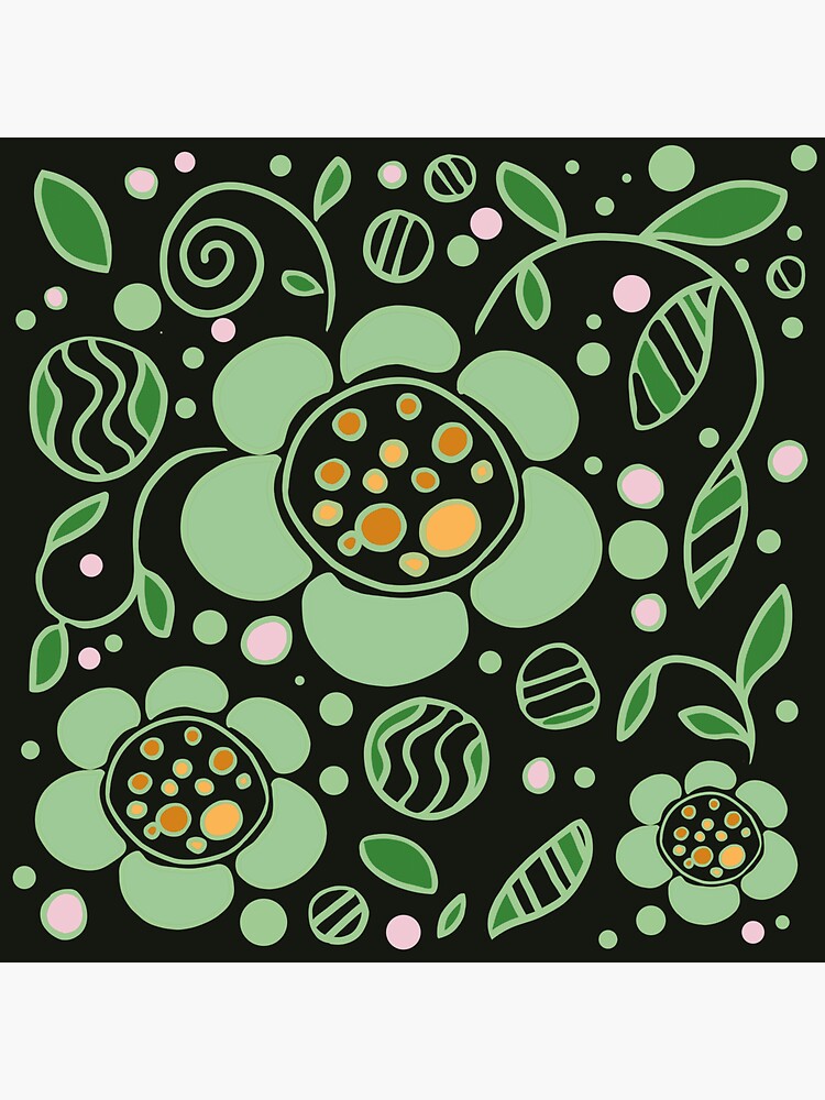 "Mod Mint Green Floral Pattern with Black Background" Sticker for Sale ...