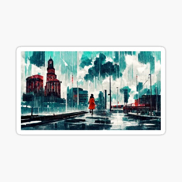 "Raining in the City Woman in a Red Coat" Sticker for Sale by Rain ...