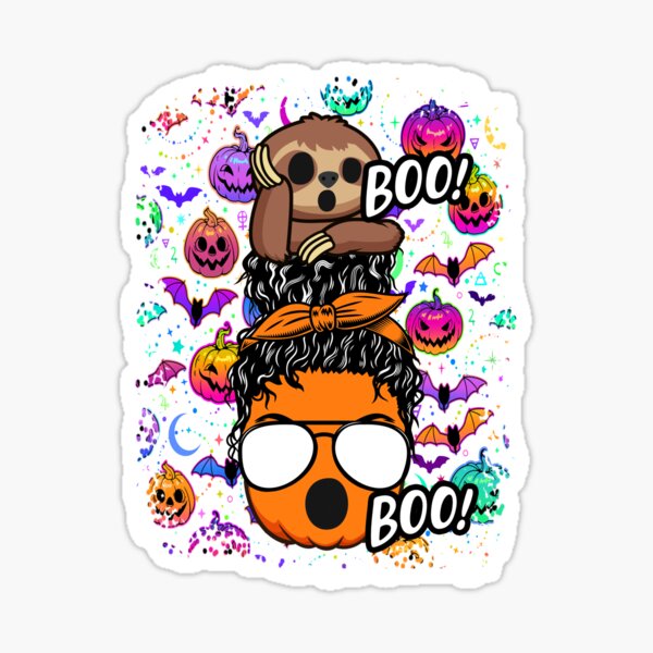 "Boo messy hair bun pumpkin sunglasses with sloth halloween" Sticker ...