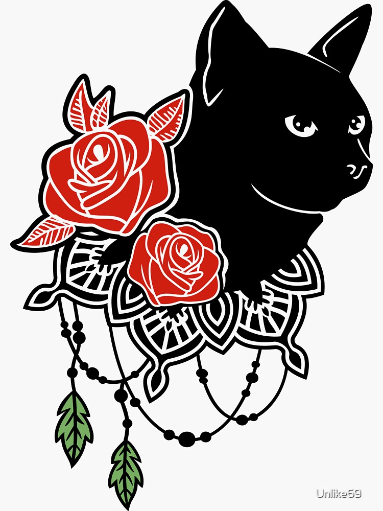 "Black cat and red rose, built-in art" Sticker for Sale by Unlike69 ...