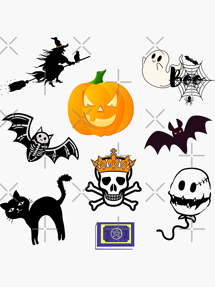 "Halloween pack set with pumpkin, skull, witch, cat, boo ghost, cobweb, bats set - halloween ...