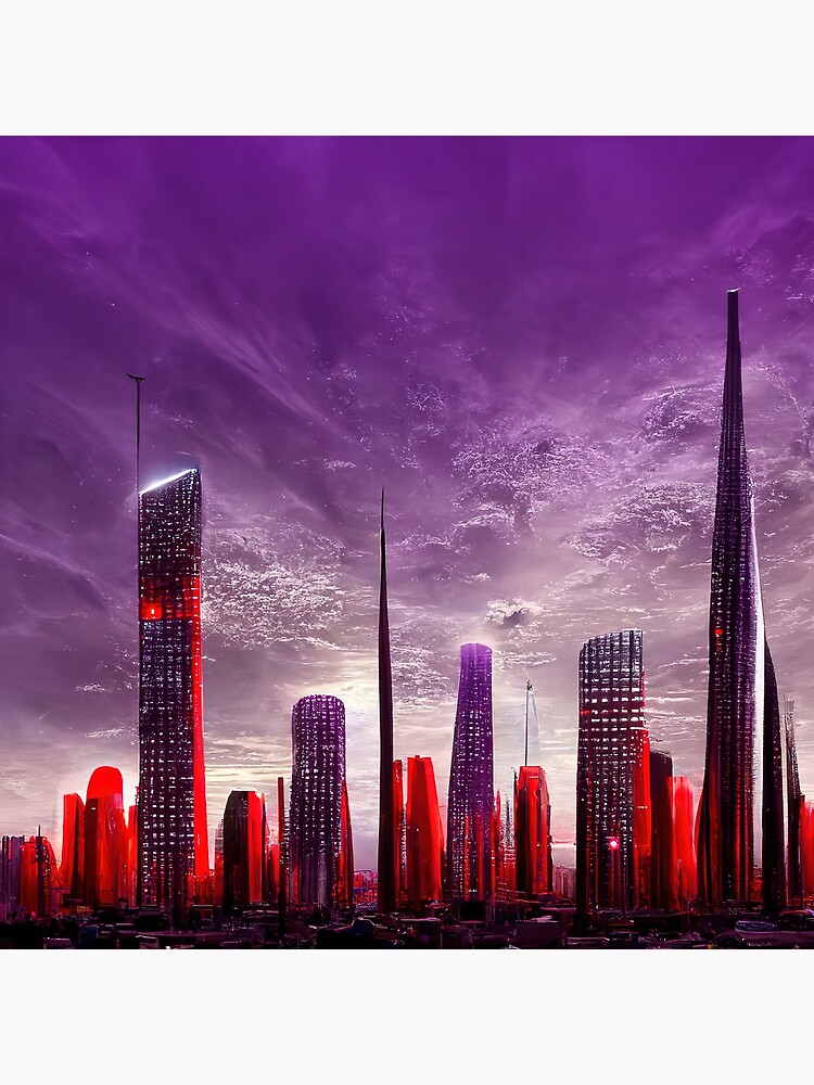 a Future Sight With Tall Buildings And A Purple Sky Poster For Sale a-future-sight-with-tall-buildings-and-a-purple-sky-poster-for-sale