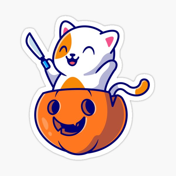 "Halloween Cute cat holding knife in pumpkin - Cute halloween" Sticker ...